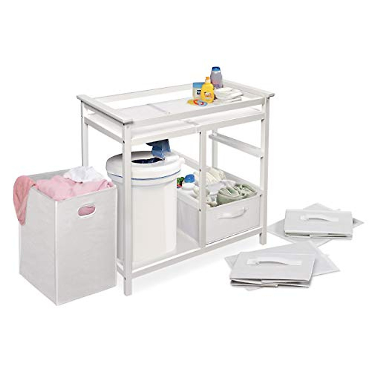 Modern Baby Changing Table with Laundry Hamper, 3 Storage Baskets, and Pad