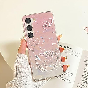 YeLoveHaw for Samsung Galaxy S23 Phone Case for Women Girls, Glitter Pink Purple Colorful Pearly-Lustre Shell, Cute Heart-Shaped Pattern, Slim Protective Cover for Samsung S23 6.1 (White Hearts)