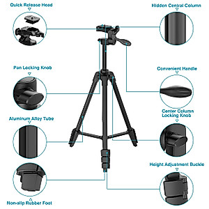 54" Phone Tripod Stand Extendable, Lightweight Aluminum Tripod for iPhone with Remote, Phone Holder for Live Stream & Selfies, Video Recording, Compatible with Phone/GoPro/Digital Cameras