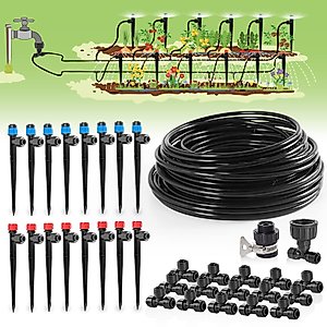 Bonviee 100FT Drip Irrigation Kit, Quick-Connect Garden Watering System for Outdoor Plants with 1/4 inch Blank Tubing Adjustable Emitters Sprinkler for Raised Bed Lawn Greenhouse Flower Pot