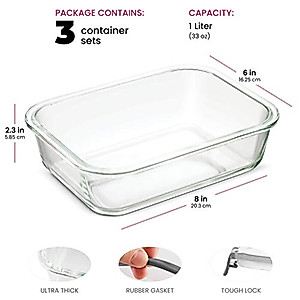 FineDine 6-Piece Superior Glass Food Storage Containers Set, 35oz Capacity - Newly Innovated Hinged Locking lids - 100% Leakproof Glass Meal-Prep Containers, Freezer-to-Oven-Safe (Grey)