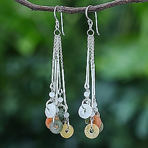 NOVICA Artisan Handmade Jade Quartz Waterfall Earrings | .925 Sterling Silver Glass Bead Dangle Earrings | Multi-color Stones Dangle Earring | Handcrafted Jewelry | Earthy Blend Themed Thailand