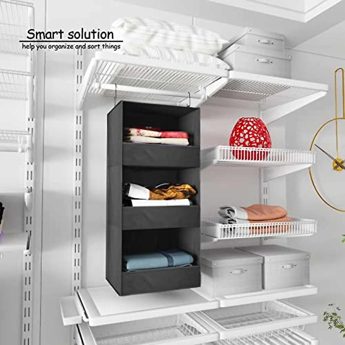 Aikebhc 2 Pack Hanging Closet Organizers and Storage, 3-Shelf Hanging Storage, Collapsible Wardrobe Storage Organizer for Bedroom Bathroom Storage Room RV Camper, Black