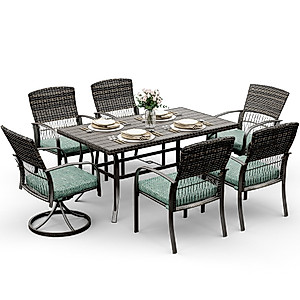 Pamapic 7 Piece Patio Dining Set for 6,Outdoor Wicker Furniture Set for Backyard Garden Deck Poolside with 4 Dining Chairs and 2 Swivel Rockers,Iron Slats Table Top, Removable Cushions(Green)