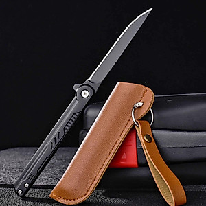 COHOMELARS Slim Folding Pocket Flipper Knife for Men,3.8'' Stainless Steel Black Blade,EDC Gentleman's Knife with Leather Sheath, Liner Lock