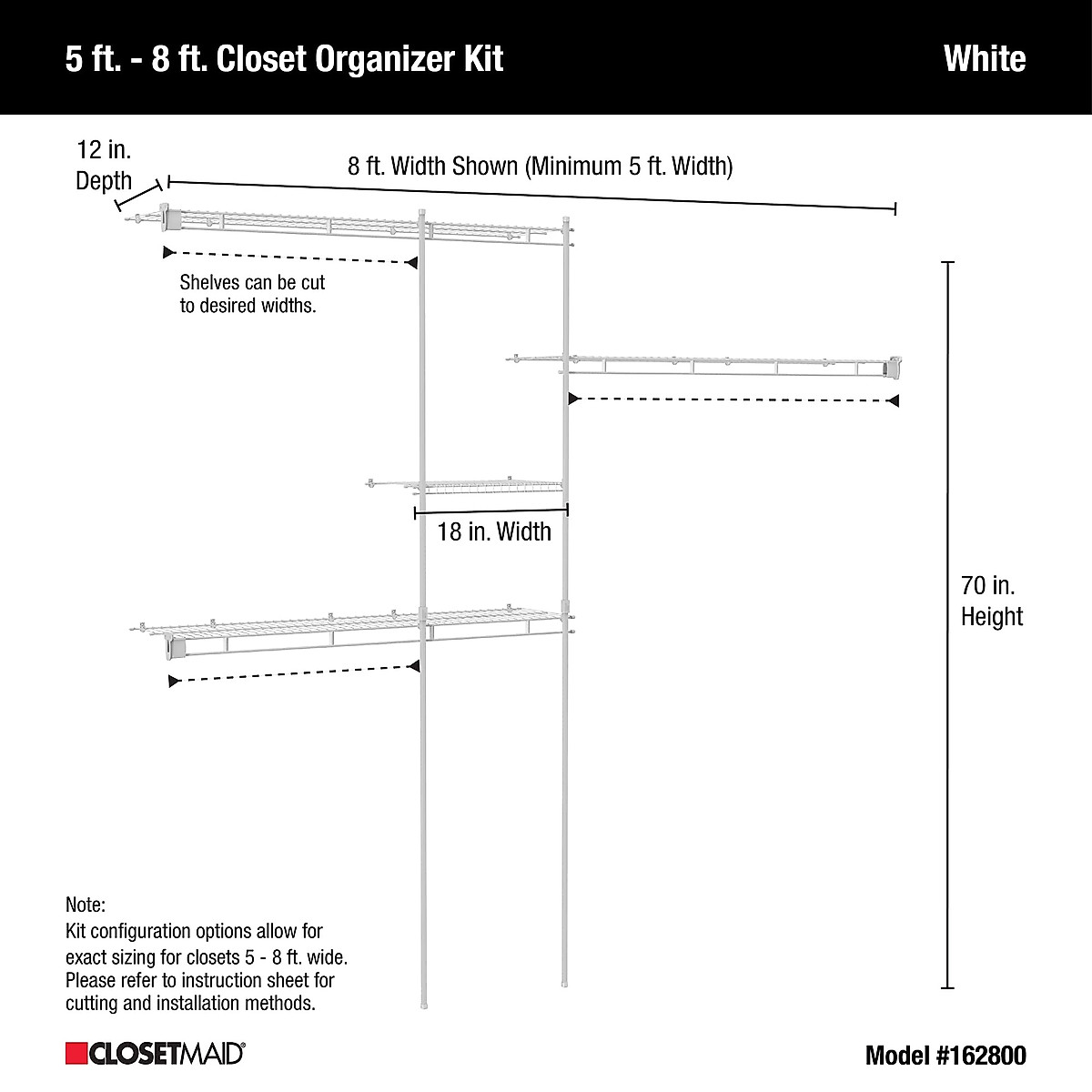 ClosetMaid 1628 Closet Organizer Kit, 5-Foot to 8-Foot, White