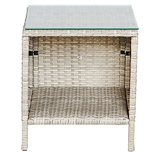 BTEXPERT Outdoor Wicker Conversation 3 Piece Bistro Set Garden Patio Yard Porch Furniture Space Saving Pe Rattan 2 Chairs Cushions Side Storage Glass Table Stone Gray/Navy Blue 3pc