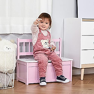 Qaba 2-in-1 Kids Wooden Toy Organizer Chest Storage Box with Seat Bench Cabinet Chunk Cube with Safety Pneumatic Rod Pink