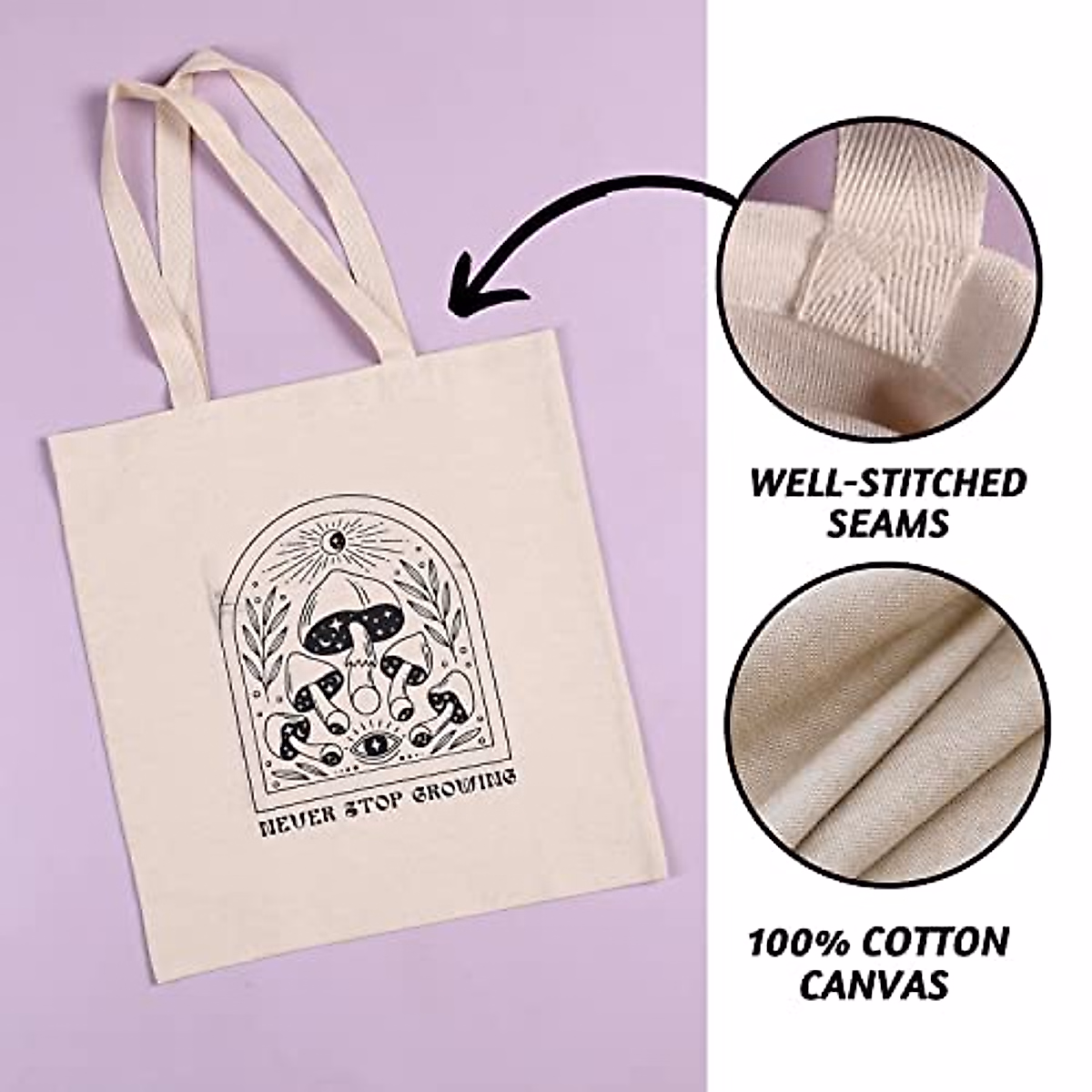 Folkulture Canvas Tote Bag with Zipper for Women | 16" x 15", 100% Cotton Reusable Grocery Bag with Pocket, Tote Bag Aesthetic for Men & Teens | Tote Bags for Work Travel Shopping (Never Stop Growing)