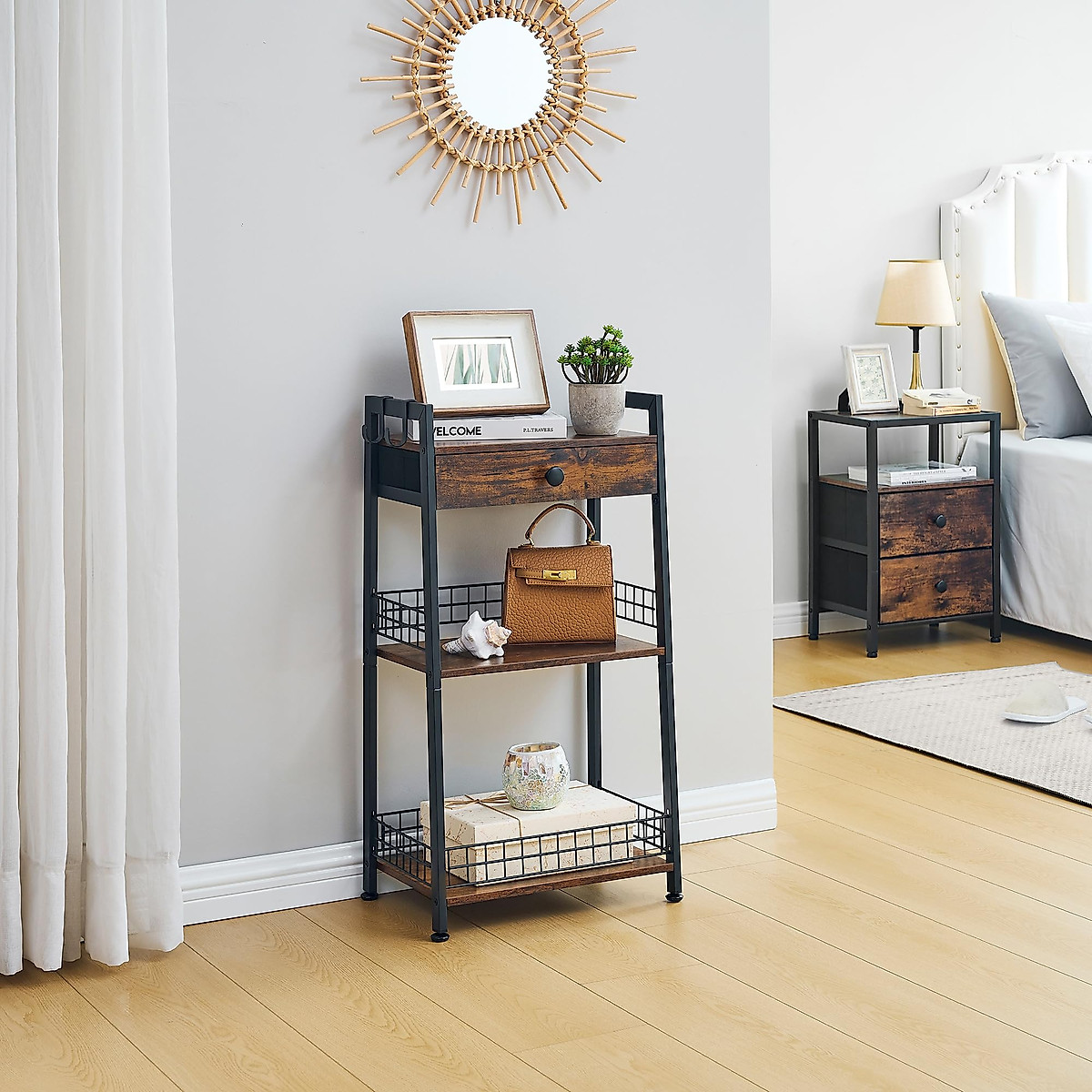 Gewudraw 3-Tier Bathroom Ladder Shelf with Drawer, Bathroom Floor Storage Shelf, Freestanding Tower Shelf Ladder Bookshelf for Living Room, Bathroom, Bedroom -Rustic Brown