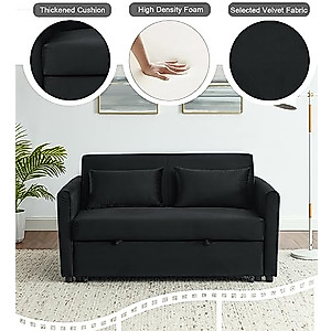 3 in 1 Convertible Sleeper Sofa Bed, Velvet Pull Out Couch with Storage Pockets and Pillows, Modern Futon Upholstered Small Loveseat for Living Room, Guest Room, Office, Dorm (Black with Rolled Arms)
