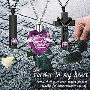 weikui 3 Pieces Heart Cross Cubic Urn Necklace for Ashes for Men Women Cremation Jewelry Crystal Memorial Locket Ashes Pendant Family Keepsake Sharing Jewelry Set (3 Black Pendants - Purple)