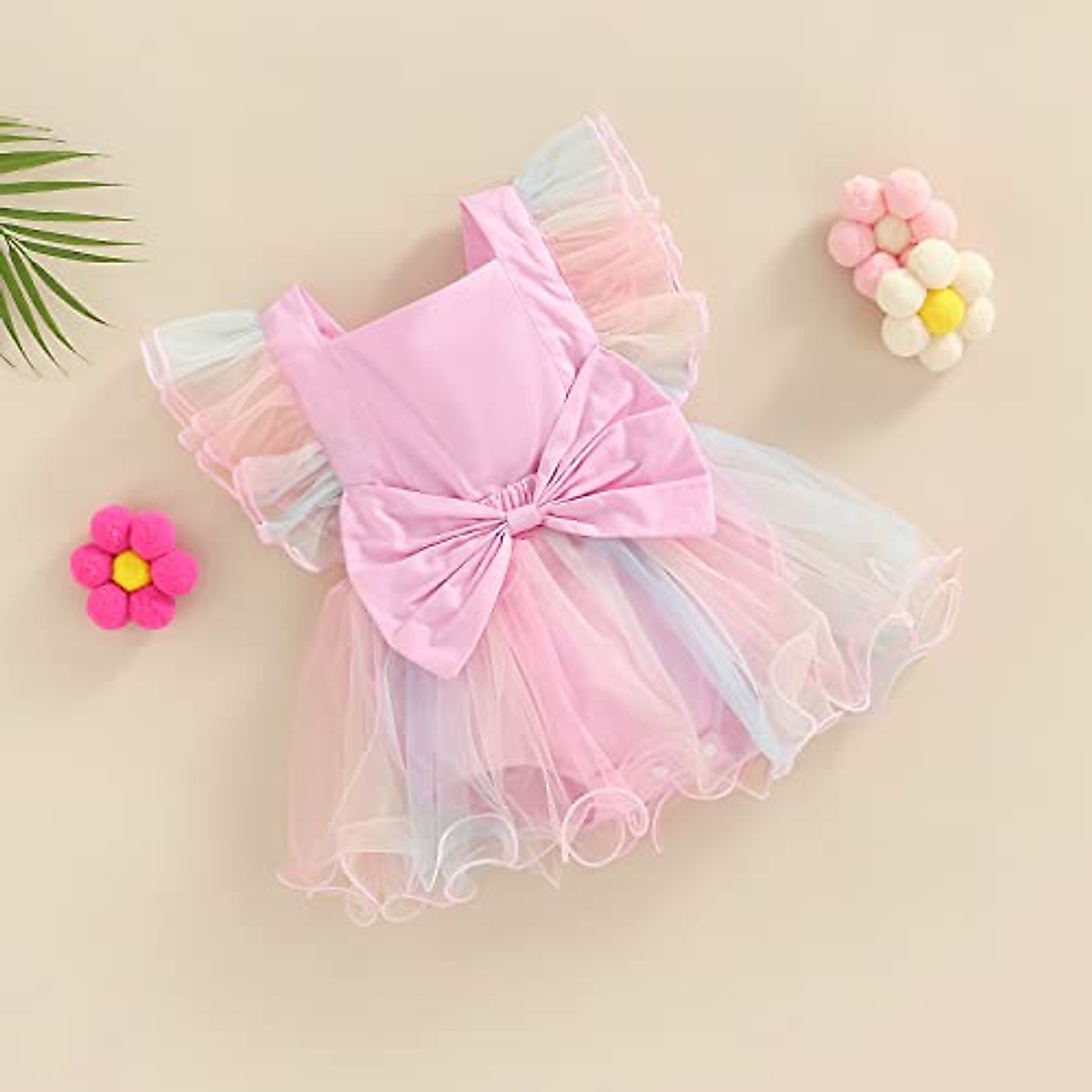 Mubineo Baby Girl Ruffle Rainbow Tulle Tutu Bowknot Princess Romper Dress (Pink, 18-24 Months)