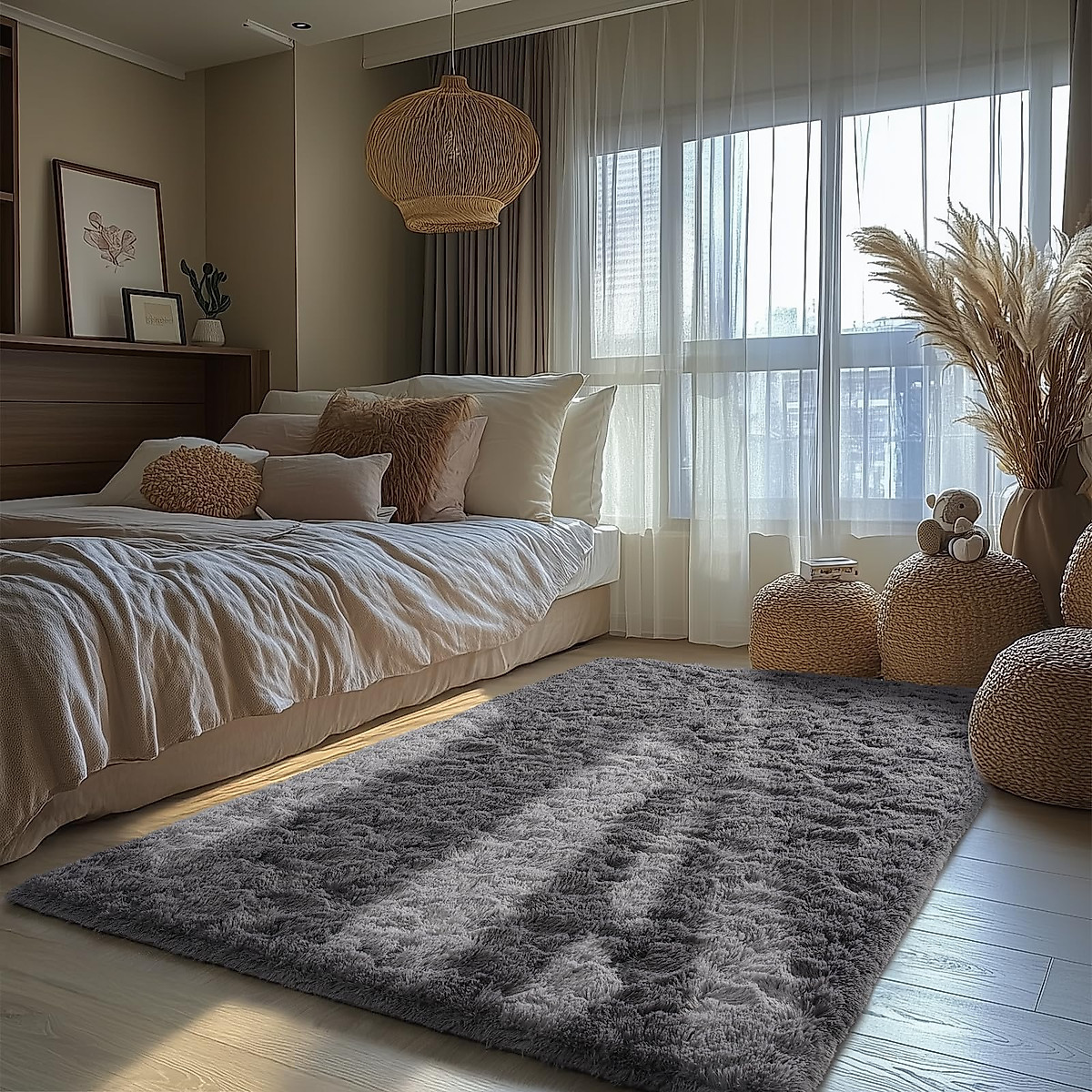 Zentavio Grey Area Rug for Living Room Bedroom 4x6 Soft Fluffy Fuzzy Furry Shaggy Aesthetic Carpet Plush High Pile Floor Throw Rug for Nursery Kids Room Dorm Room