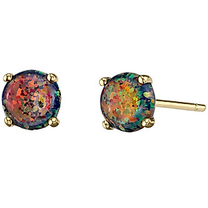 Peora Solid 14K Yellow Gold Created Fire Black Opal Stud Earrings for Women, Classic Solitaire Round Shape, 6mm, 1 Carat total, Hypoallergenic, Friction Back