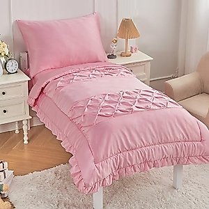 4 Piece Pinch Pleat Toddler Bedding Set for Girls Pink Ruffle Satin Bed Sheets Set Solid Color Pintuck Crib Bed Comforter Set for Baby Kids | Include Comforter, Flat Sheet, Fitted Sheet, Pillowcase