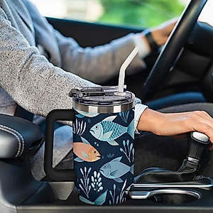 LPSADGF Fishes Pattern Insulated Stainless Steel Travel Mug, 40 Oz Tumbler with Handle And Straw Double-Wall Vacuum Coffee Cup, Leak-Proof Lid, Keeps Drinks Hot/Cold for Hours