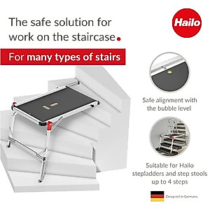 Hailo TP1 |Staircase Platform | Length and Height-Adjustable Telescopic Rails and feet | Integrated Bubble Level | Two-Hand Safety Unlocking Mechanism| for use with Step stools & stepladders