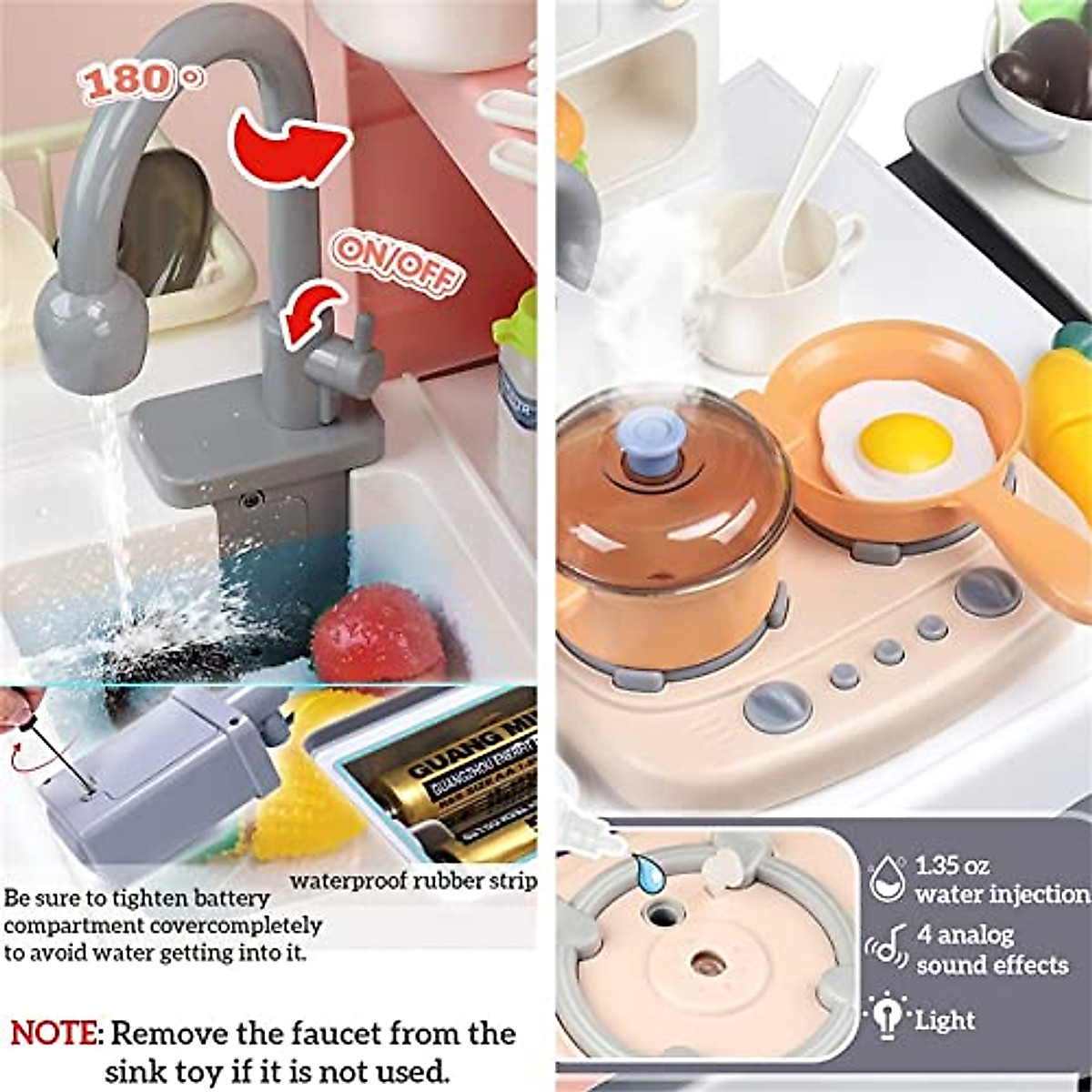 Large Pretend Play Kitchen Toys with Sink, Role Play Kitchen Playset, Pot and Pan, Cooking Stove with Spray Realistic Light and Sound, Cutting Food, Kitchen Accessories Set for Kids Toddlers