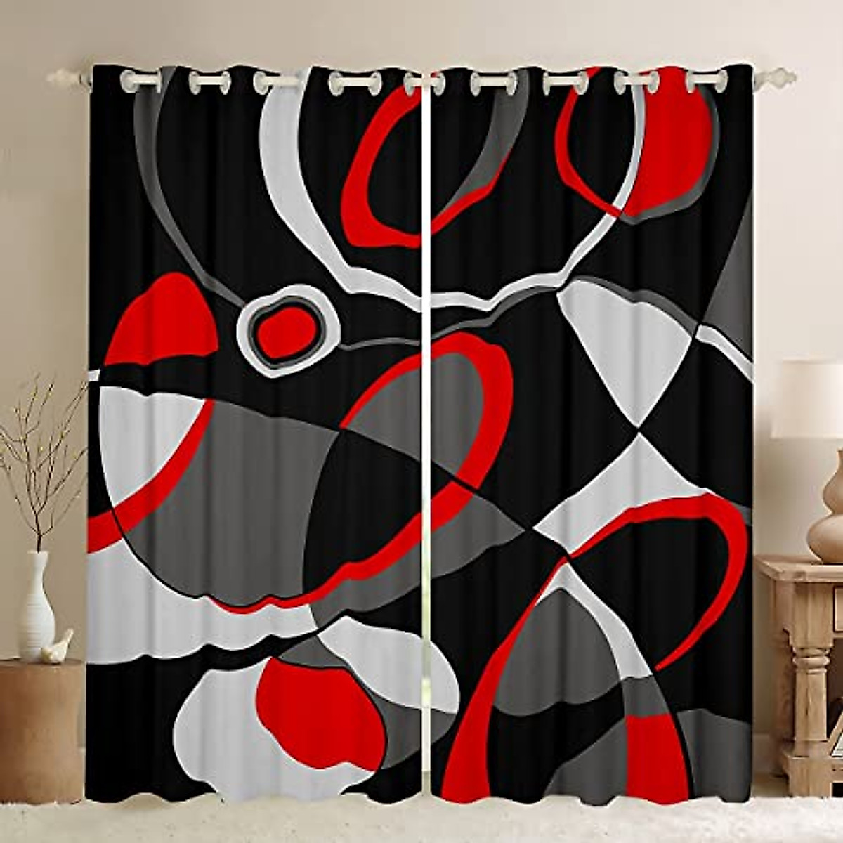 5Pcs Red Grey and Black Duvet Cover Set Full Size & Curtain Set: 1 Duvet Cover + 2 Pillowcase + 2 Panels of 42 W x 63 L inch Each