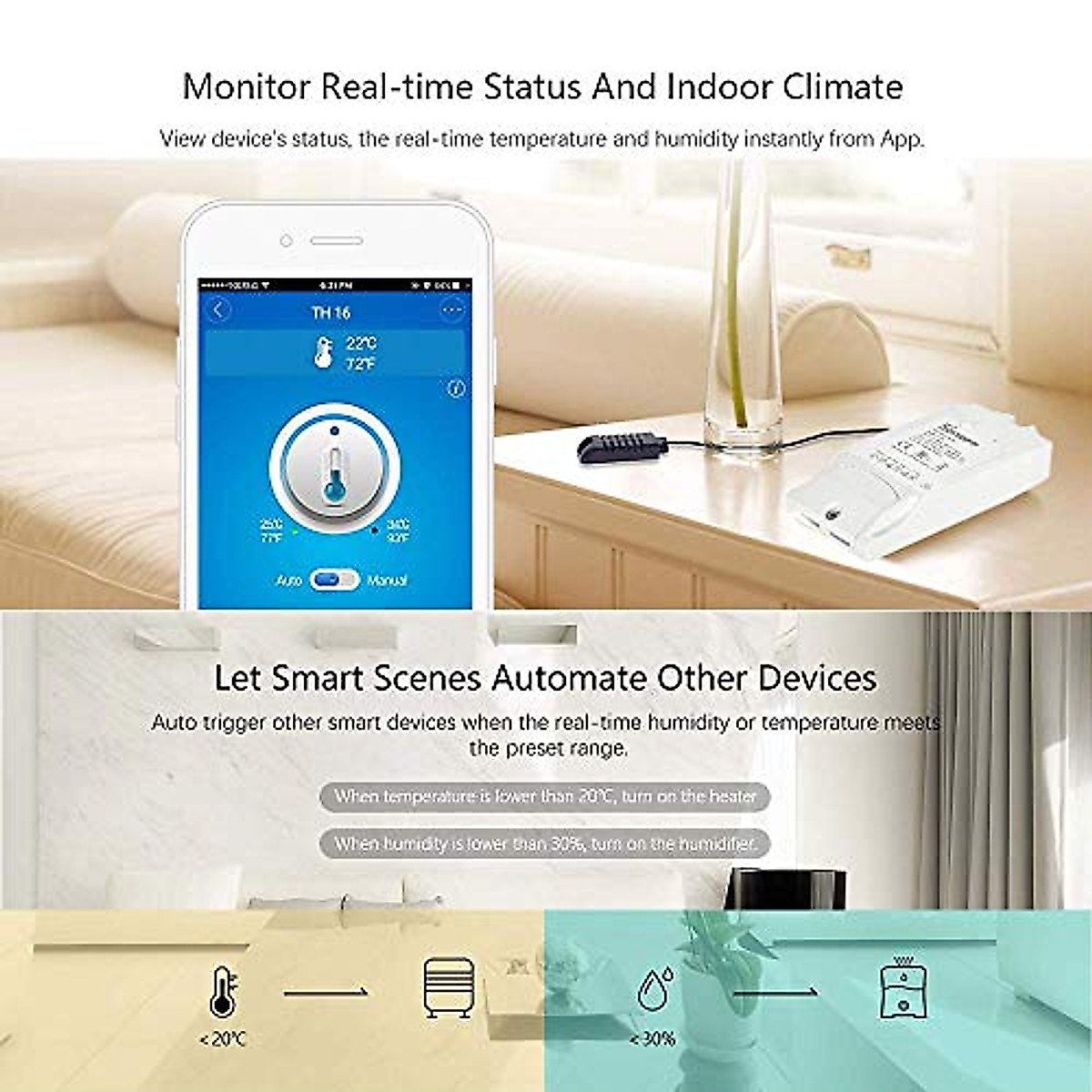 Sonoff TH16 Temperature and Humidity Monitoring WiFi Smart Switch for DIY Smart Home,Compatible with Alexa(16A)