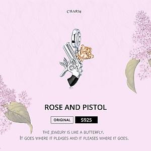 MUNDELL Authentic 925 Sterling Silver Pistol with Rose Charm for Original Silver Bracelet or Bangle Jewelry Make Pendants