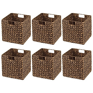 mDesign Natural Woven Hyacinth Cube Organizer Basket with Handles, Storage for Bathroom, Laundry Room Shelf or Nursery - Perfect for Cubby Storage Units - Hold Blankets and Books - 6 Pack, Brown Wash