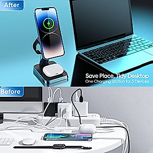 45°Adjustable Angle 3 in 1 Magnetic Wireless Charging Station, 23W Fast Mag-Safe Charger Stand with 20W QC3.0 Adapter, Metal Texture, for iPhone 14/13/12 Series, iWatch Ultra/8/7/6/5/4/3/2, AirPods