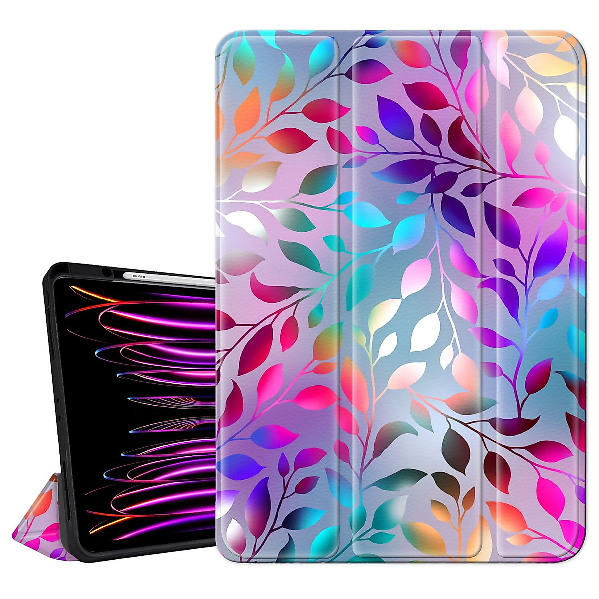 Hi Space for iPad Pro 11 inch Case 2022 2021 2020 2018 4th 3rd 2nd 1st Generation with Pencil Holder, Frosted Colorful Leaf Trifold Stand Protective Shockproof Cover Auto Sleep Wake
