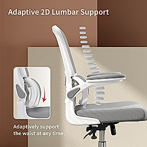 Logicfox Ergonomic Office Chair, Comfortable Office Chair with Flip-up Arms, Adaptive Lumbar Support, Mesh Computer Chair with Thick Cushion, White Office Desk Chair with 90°-130° Tilt Function