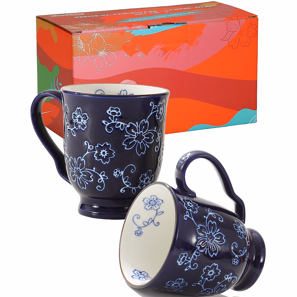 KUNABOO Artisanal Ceramic Mugs, Ceramic Coffee Cups, Coffee Mug Set of 2-11 oz -Sakura Floral Series Midnight Blue - Ready to Wrap Gift