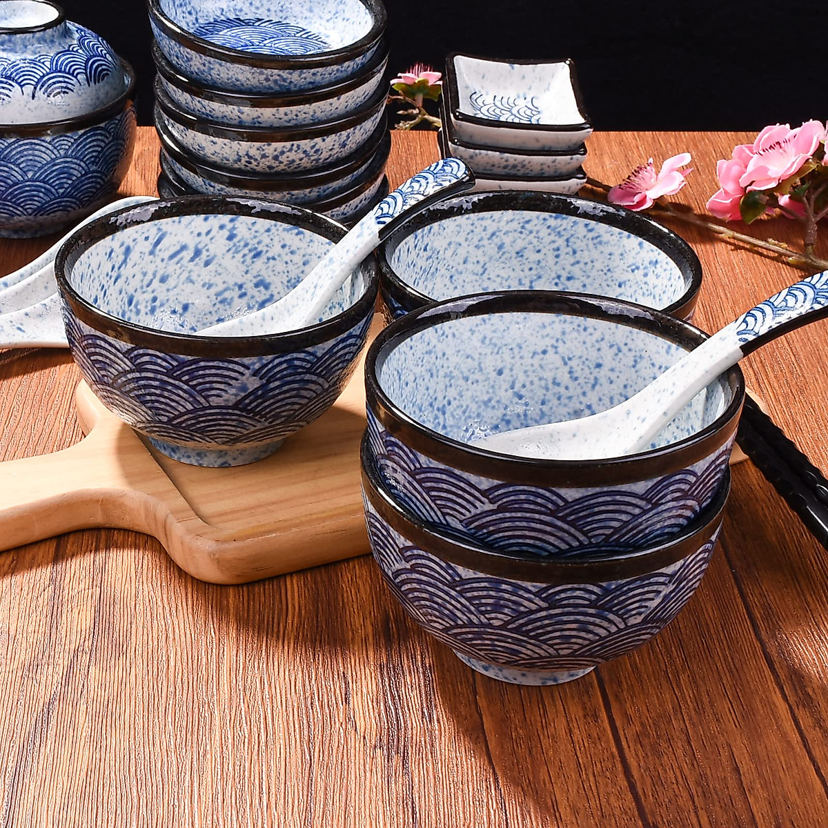 Cerficer Japanese Rice Bowl - 10.2oz Ceramic Sushi Bowl with Blue Wave Pattern,Thickened Bowl Wall,Perfect Small Bowl for Rice, Snacks, Desserts, and Sauces,Asian Rice Bowl Set