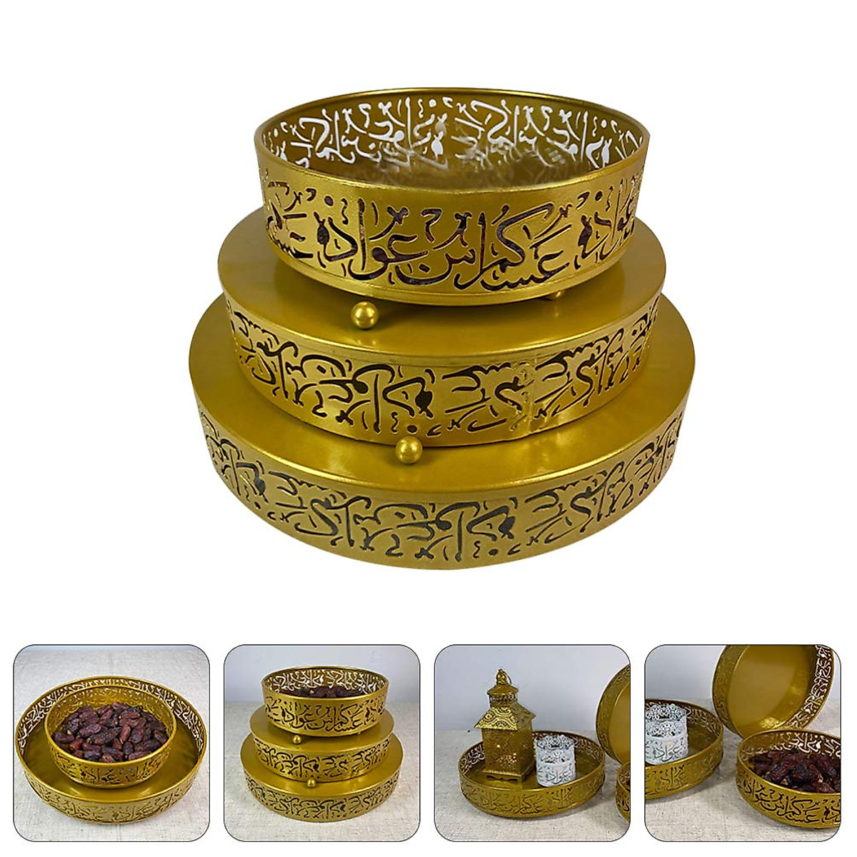 Amosfun 3Pcs Eid Ramadan Plate Iron Serving Tray Plate Islam Round Platter Snack Dessert Pastry Tray for Home Ramadan Mubarak Party Supplies (Golden)