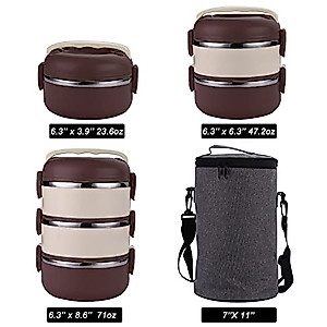 DILUOOU Stackable Lunch Box, 3 Tier Stainless Steel Thermal Lunch Box,Insulated Bento Lunch Box for Adult With Lunch Bag & Utensils (Brown)
