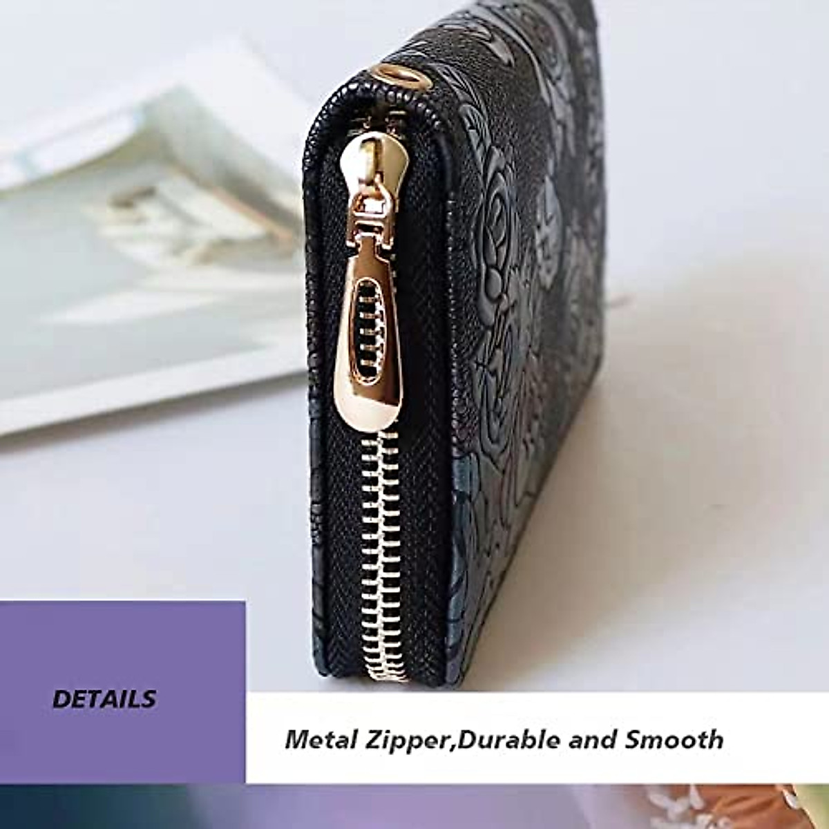 HuiLanLuo Wallet Women Rfid Blocking Wristlet Leather Metal Zip Fastener Large Capacity for Credit Card ID Cash Change Coin Phone,Women's Wallets Medium Size(Retro Rose), Rose mixcolor cyan