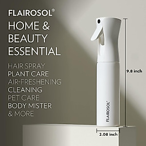FLAIROSOL - The Original, Spray Bottle for Hair, Continuous Ultra Fine Water Mister Spray Bottle for Hairstyling, Barbers, Salons, Cleaning, Plants, 10.1oz/300ml, White Bottle - Black Print