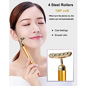 Electric Face Massage Roller, Golden 3D Roller Electric Facial Roller and T Shape Facial Roller Massager Kit, Electric Massage Roller for Puffiness Relief (Gold)
