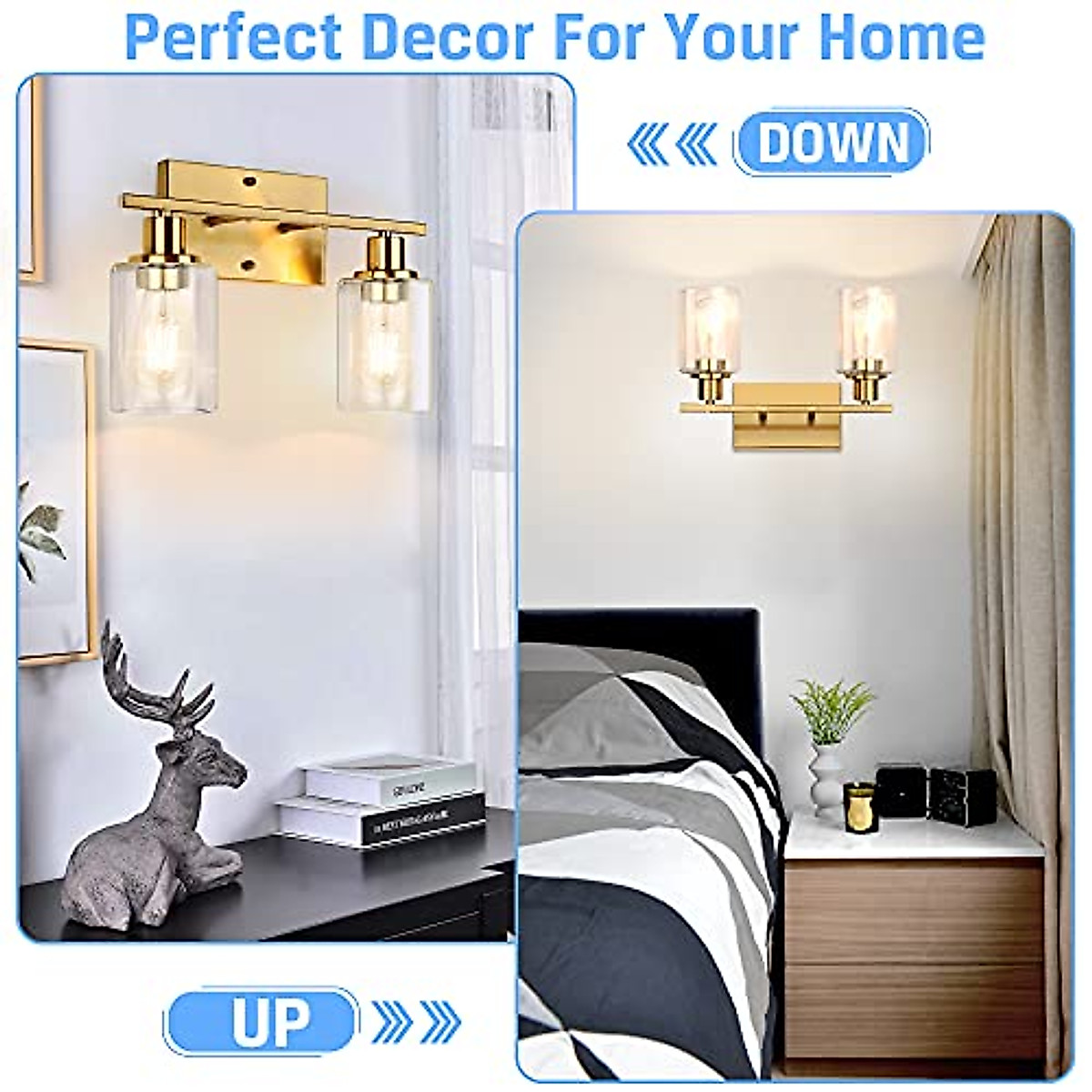 ShineTech 2-Light Gold Bathroom Vanity Light Fixtures, Modern Wall Lighting with Clear Glass, Brushed Brass Wall Sconce Light for Mirror, Living Room