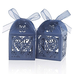 COTOPHER Laser Cut Boxes 60pcs Thank You Gift Boxes Wedding Party Favor Boxes Lace Candy Boxes for Wedding Bridal Shower Baby Shower Birthday Party Decorations with Ribbons (2x2x2.75inch, Navy, 60)