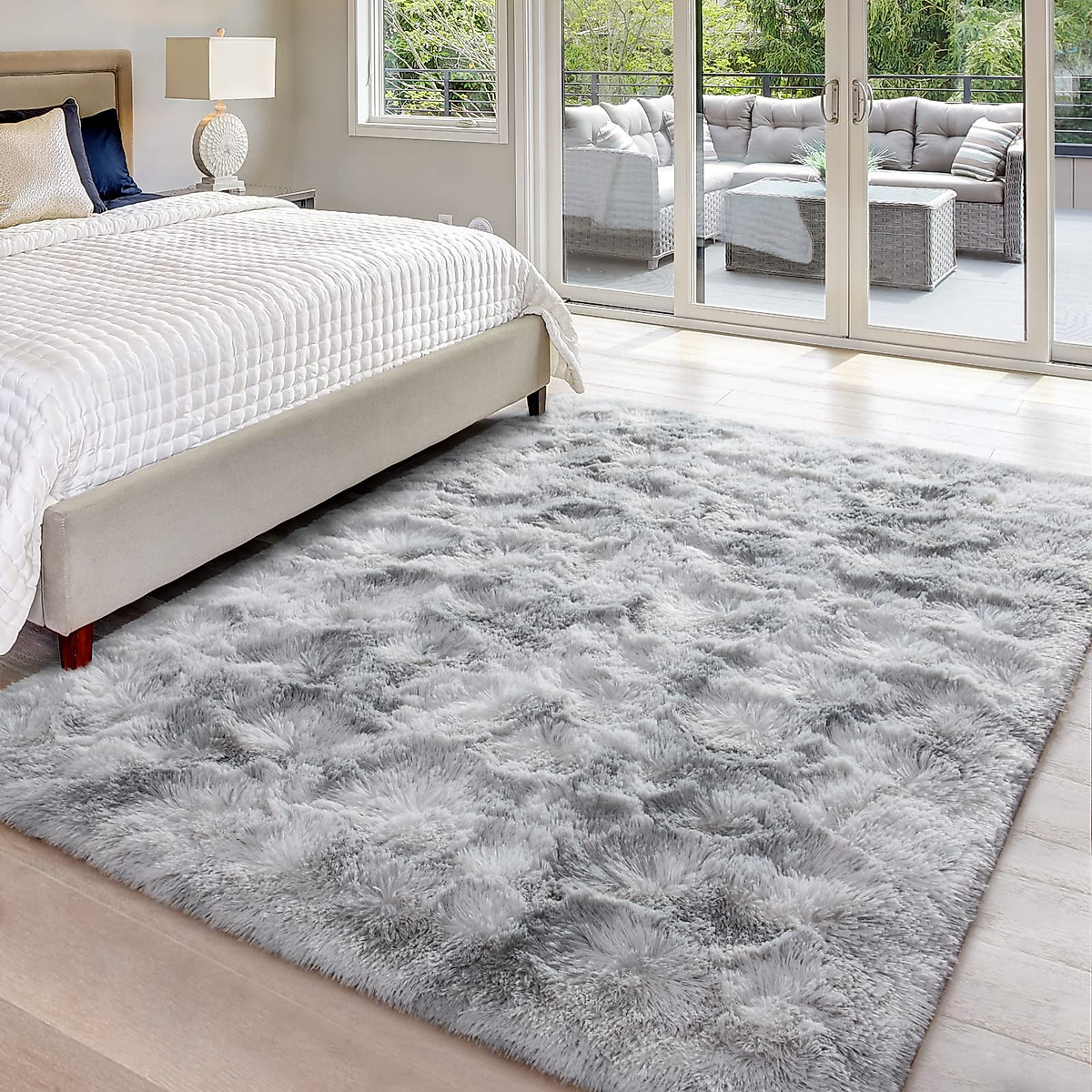Hutha 6x9 Large Area Rugs for Living Room, Super Soft Fluffy Modern Bedroom Rug, Tie-Dyed Light Grey Indoor Shag Fuzzy Carpets for Girls Kids Nursery Room Home Decor