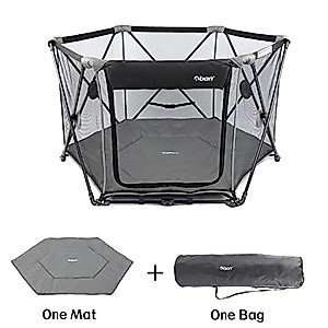 Abon Babies 6 Panel Play Pen Playard for Infants Portable Indoor and Out Door Washable Easy Assemble Play Activity Area with Mat and Carrying Bag for 1-6 Age 53" Wx 30" H(Grey