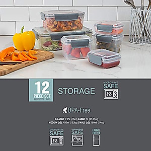 Kitchen Details 12 Piece Food Storage Container Set | 6 Containers and 6 Lids | Airtight | Stackable | BPA Free | Microwave | Dishwasher | Freezer Safe | 2.25L | 1L | 400ml | 160ml | Grey