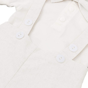 Baby Boys Formal Suit Gentleman Bowtie + Summer Short Sleeve Romper + Suspenders Shorts Button Bib Pants Wedding Tuxedo Outfits 1st/2nd Birthday Cake Smash Christening Clothes 3pcs Set White 0-6M