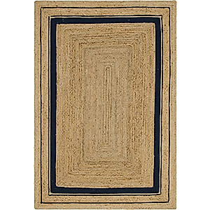 Unique Loom Braided Jute Collection Classic Quality Made Hand Woven with Coastal Design Area Rug, 6 ft x 9 ft, Natural/Navy Blue