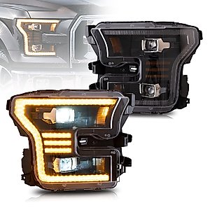 VLAND LED Headlights Compatible For [2015-2017 Ford F150 XL, XLT, Lariat, King Ranch, Platinum, Limited] With Dynamic Amber DRL & Turn Signal Lights, (Factory Halogen ONLY)