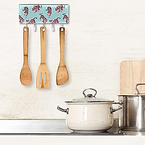 Leather Hook Rack Rail Wall Mounted, Pink Tige Pattern Blue Background Coat and Hat Self Adhesive Hooks up for Hanging Pant Towel Key Purse Kitchenware