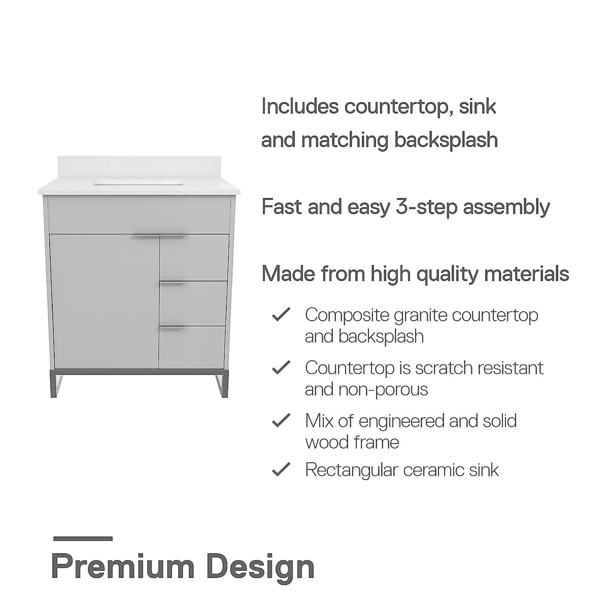 CosmoLiving by Cosmopolitan Leona Bathroom Vanity, 30", Gray