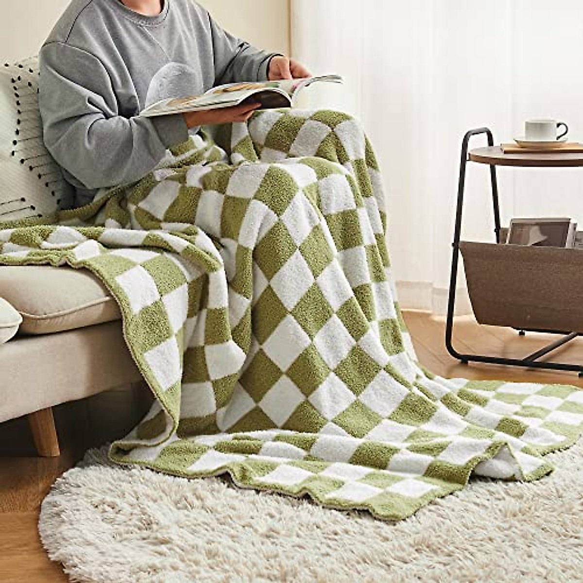 Villcr Fuzzy Checkered Blanket, Throw Blanket for Couch Bed Sofa Travel Camping,Soft Plaid Decorative Throw Blanket for All Seasion 51''x63'' (Sage Green)