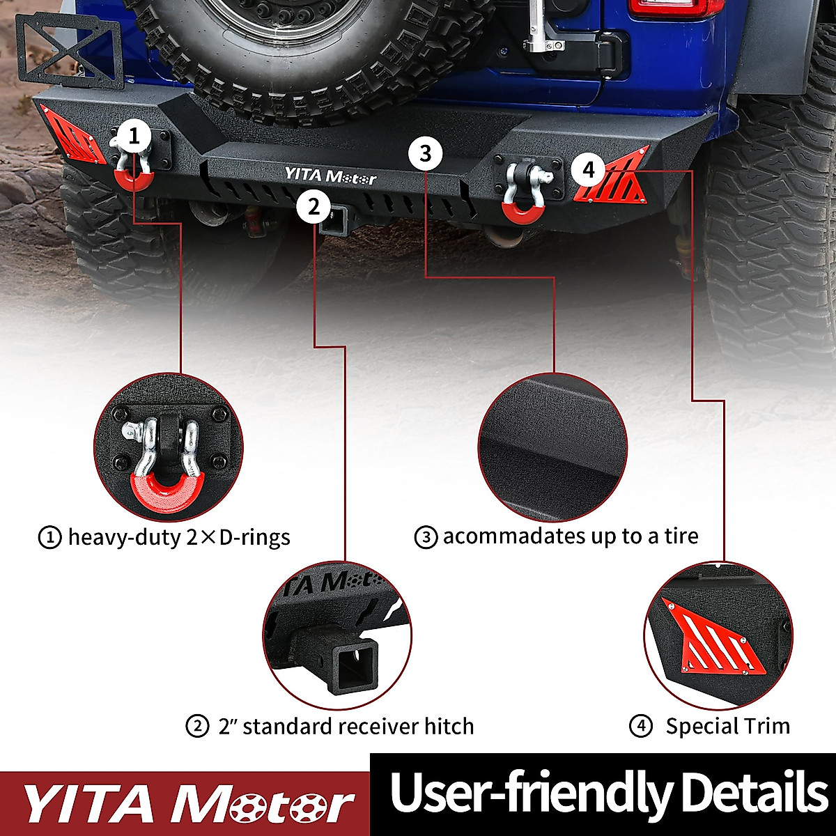 YITAMOTOR Rear Bumper Compatible with 2018-2025 Jeep Wrangler JL & JL Unlimited (2/4 Doors), w/ 2" Hitch Receiver & 2 x D-Rings & License Plate Bracket