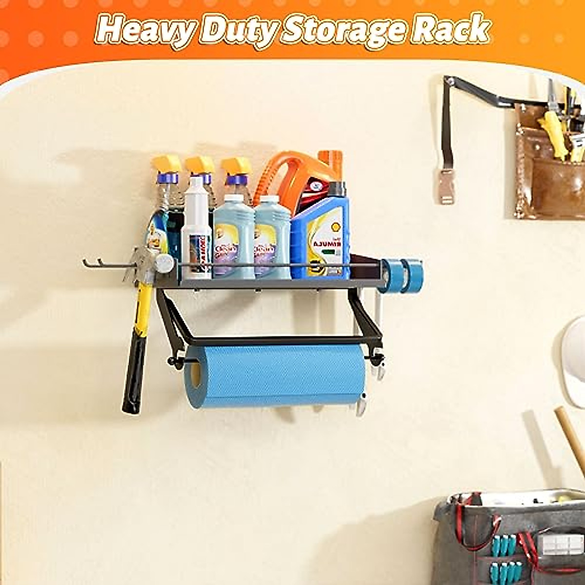 Lorbro Garage Paper Towel Holder, Paper Towel Holder Wall Mount with Shelf One Hand Tear, Garage Organization and Storage with 4 Detachable Hooks, Holds 50 lbs, for Quick Clean Station, Workshop
